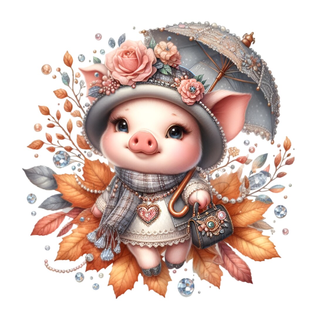 Autumn Piglet Clipart PNG, 10 Cute Pig With Umbrella and Fall Leaves ...