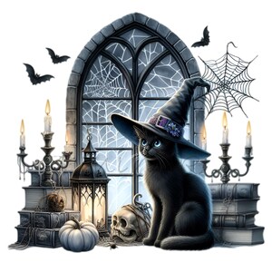 Spooky Halloween Cat Clipart PNG - 12 Gothic Black Kitten Illustration ...
