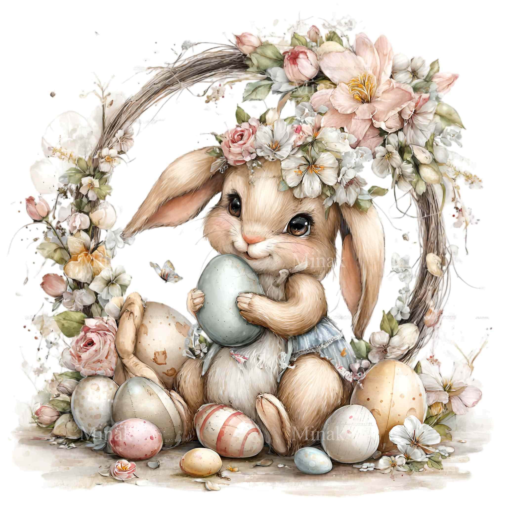 15 PNG Spring Bunny, Easter Rabbit Clipart With Eggs Floral Wreath ...