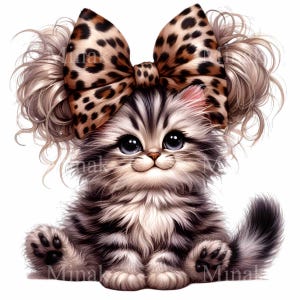 12 Cute Gray Kitten PNG Clipart With Leopard Bow – Fluffy Baby Cat ...