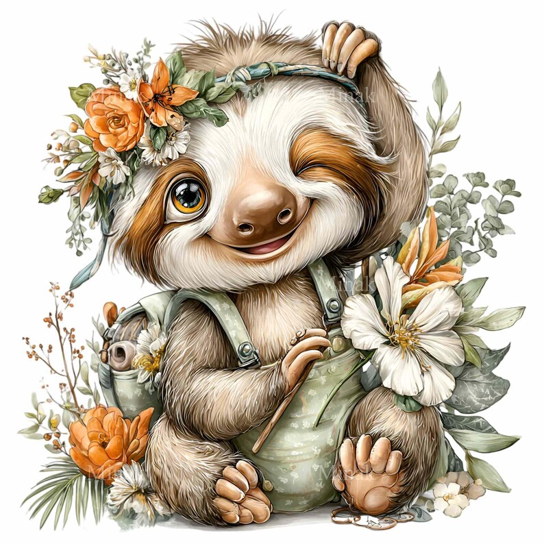 14 PNG Sloth Clipart Floral Portrait Illustration, Watercolor Woodland ...