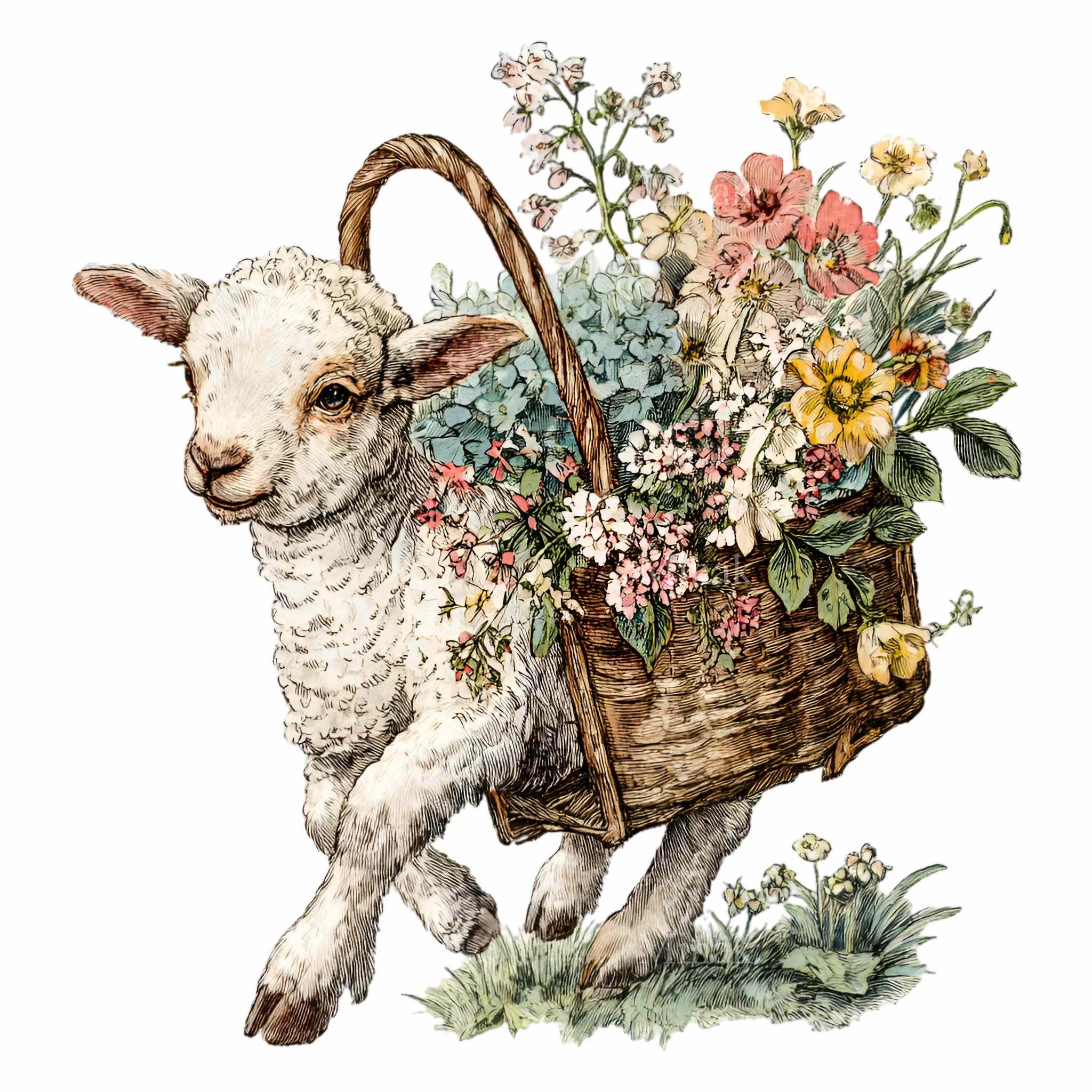15 PNG Vintage Spring Lamb Clipart – Floral Farm Animal Illustration ...