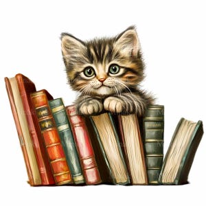 14 Kitten in Bookshelf PNG Clipart – Cute Library Cat With Vintage ...