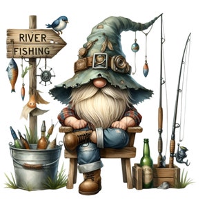 Fishing Gnome Clipart With River Sign and Fishing Gear 10 Whimsical and ...