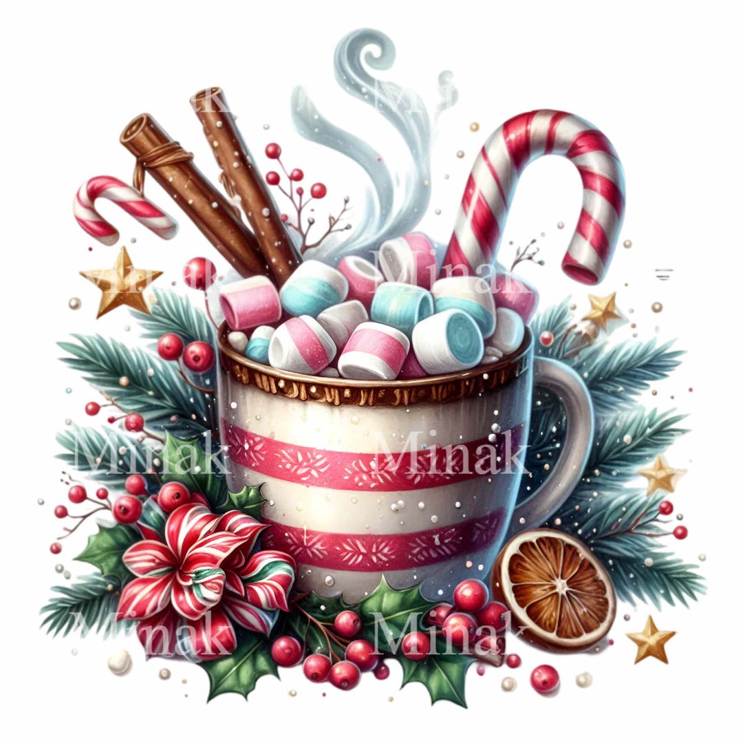 Christmas Hot Cocoa Clipart, 12 Festive Cup With Marshmallows and Candy ...