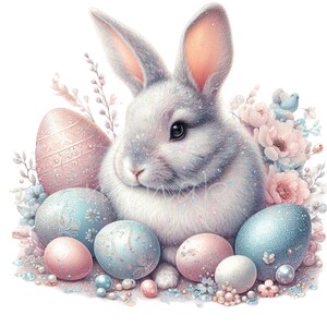 12 White Bunny PNG Clipart – Cute Rabbit With Pastel Eggs, Spring ...