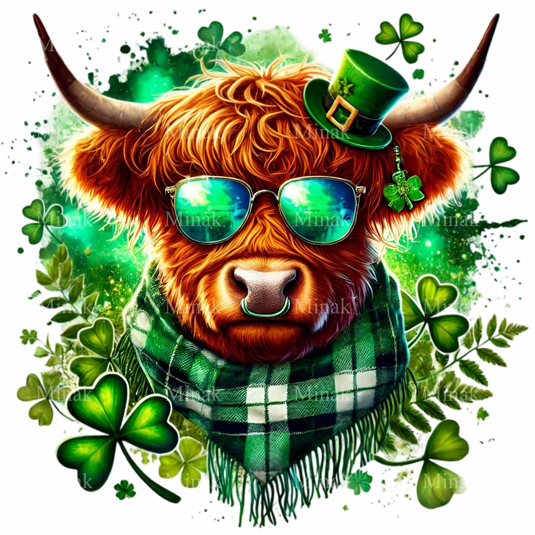 10 Irish Highland Cow PNG Clipart, St. Patrick's Day Cow With Shamrocks ...