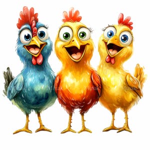 12 Colorful Chickens PNG Clipart - Three Cheerful Cartoon Hens in ...