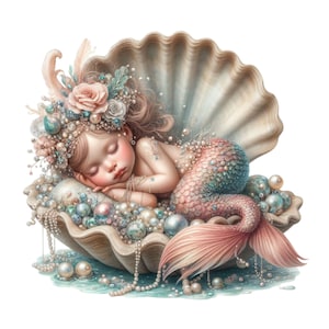 Mermaid Clipart, Sea Shell Clip Art, 10 PNG Watercolor Fairytale Clip ...