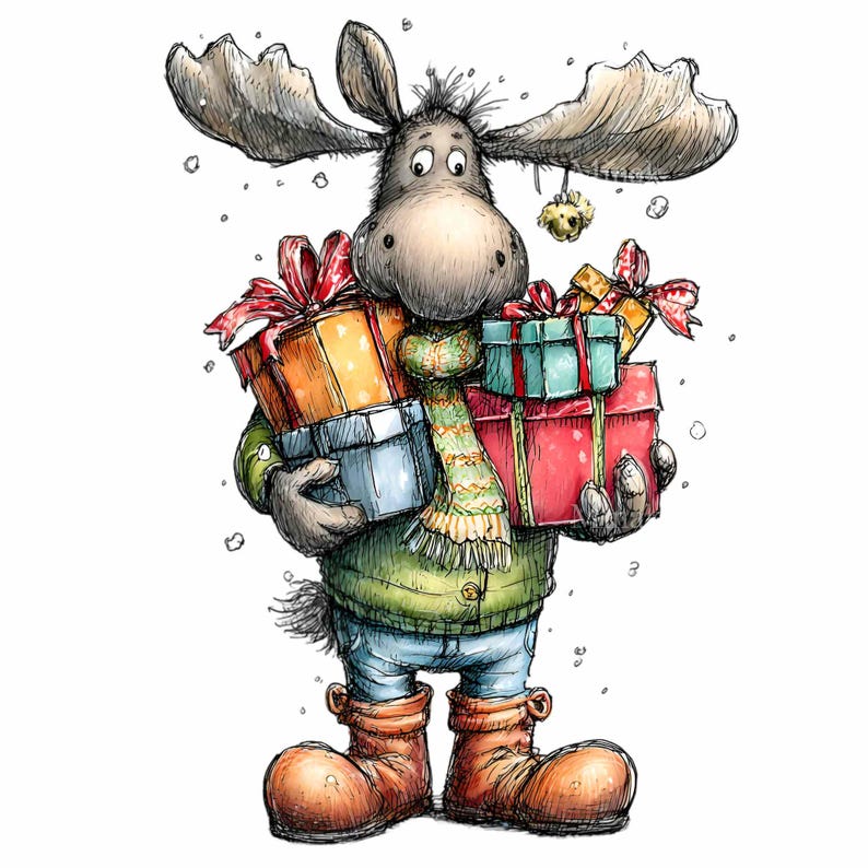 16 PNG Moose With Gifts Clipart – Cute Moose PNG – Winter Holiday Art ...