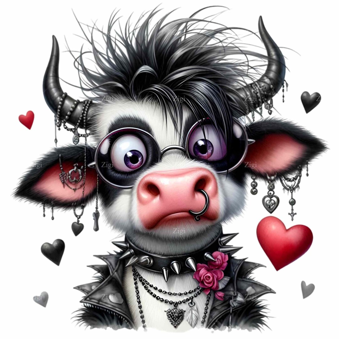 Punk Cow With Hearts PNG Clipart 12 Edgy Animal Art With Glasses and ...