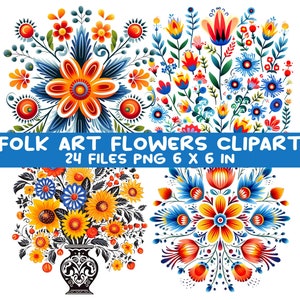Folk Art Flowers Clipart Bundle 24 PNG Floral Rustic Patterns Card ...