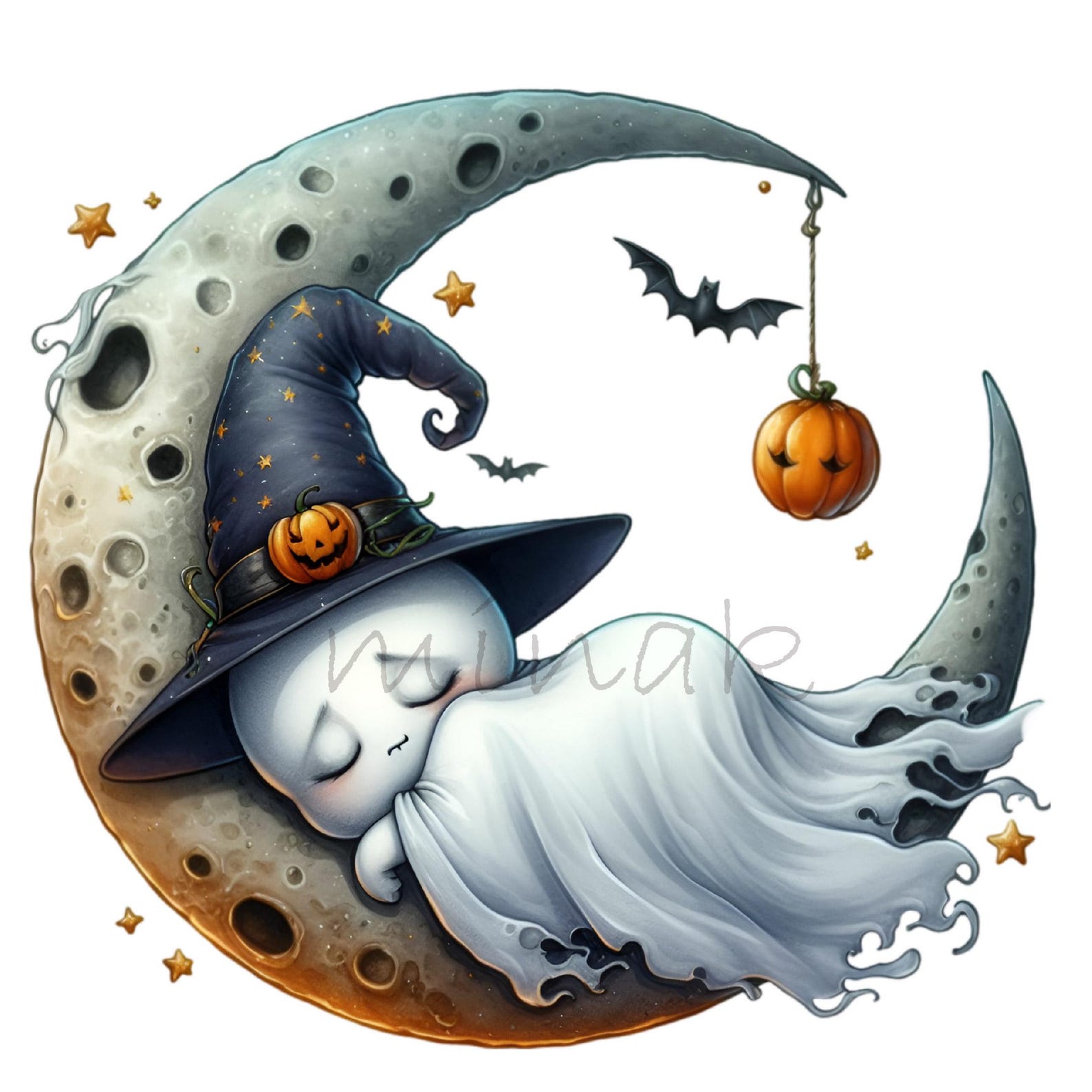 Spooky Halloween Ghost Clipart With Crescent Moon, Bats, and Stars 10 ...