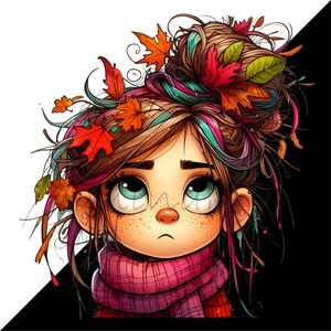Funny Girl Fall Leaves Autumn 14 PNG Graphics Cartoon Illustration ...
