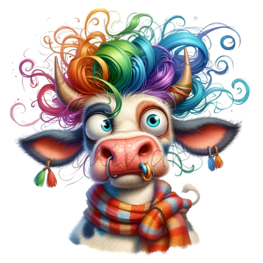 15 Rainbow Hair Cow PNG Clipart | Funny Colorful Cow With Piercings and ...