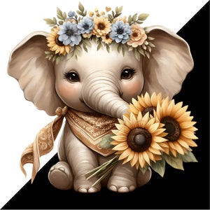 12 PNG Elephant Sunflower Farm Animal Clipart, Nursery Digital Download ...