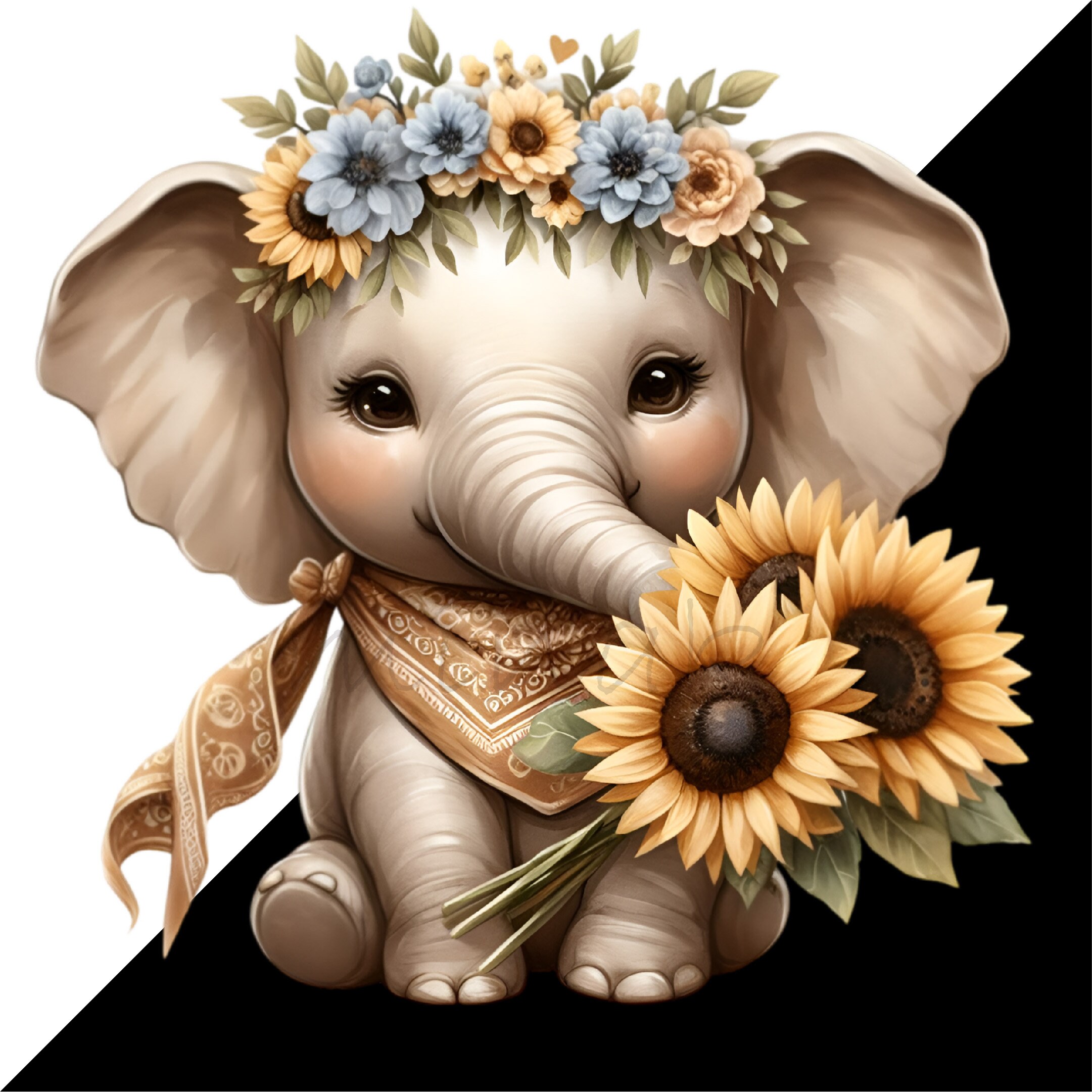 12 PNG Elephant Sunflower Farm Animal Clipart, Nursery Digital Download ...