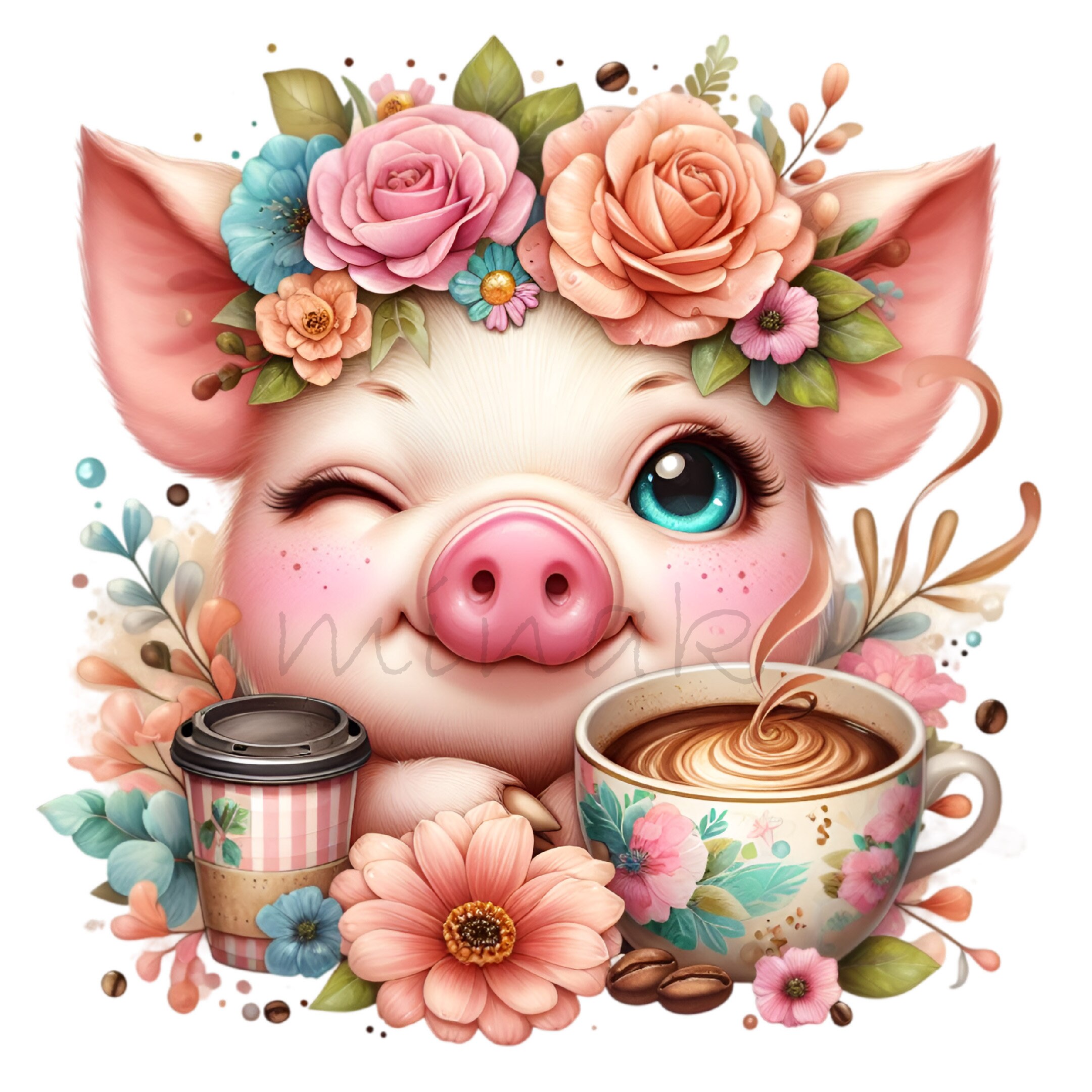14 PNG Coffee Pig Clipart – Winking Pig With Floral Latte, Funny Farm ...