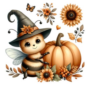 12 Halloween Bee PNG Clipart – Cute Bumblebee With Witch Hat, Pumpkin ...