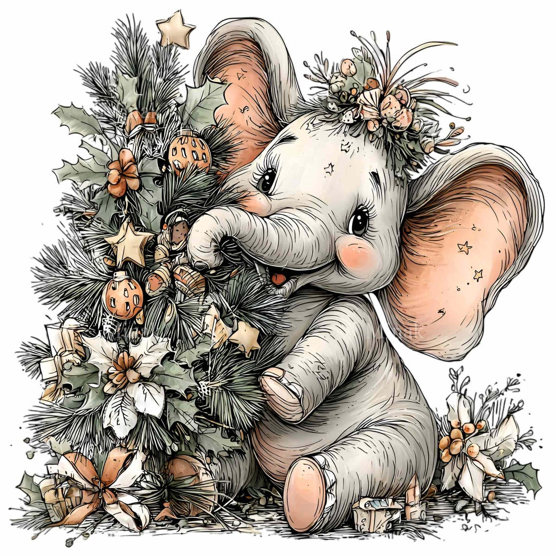 10 PNG Holiday Elephant Clipart – Baby Animal PNG With Gifts – Winter ...