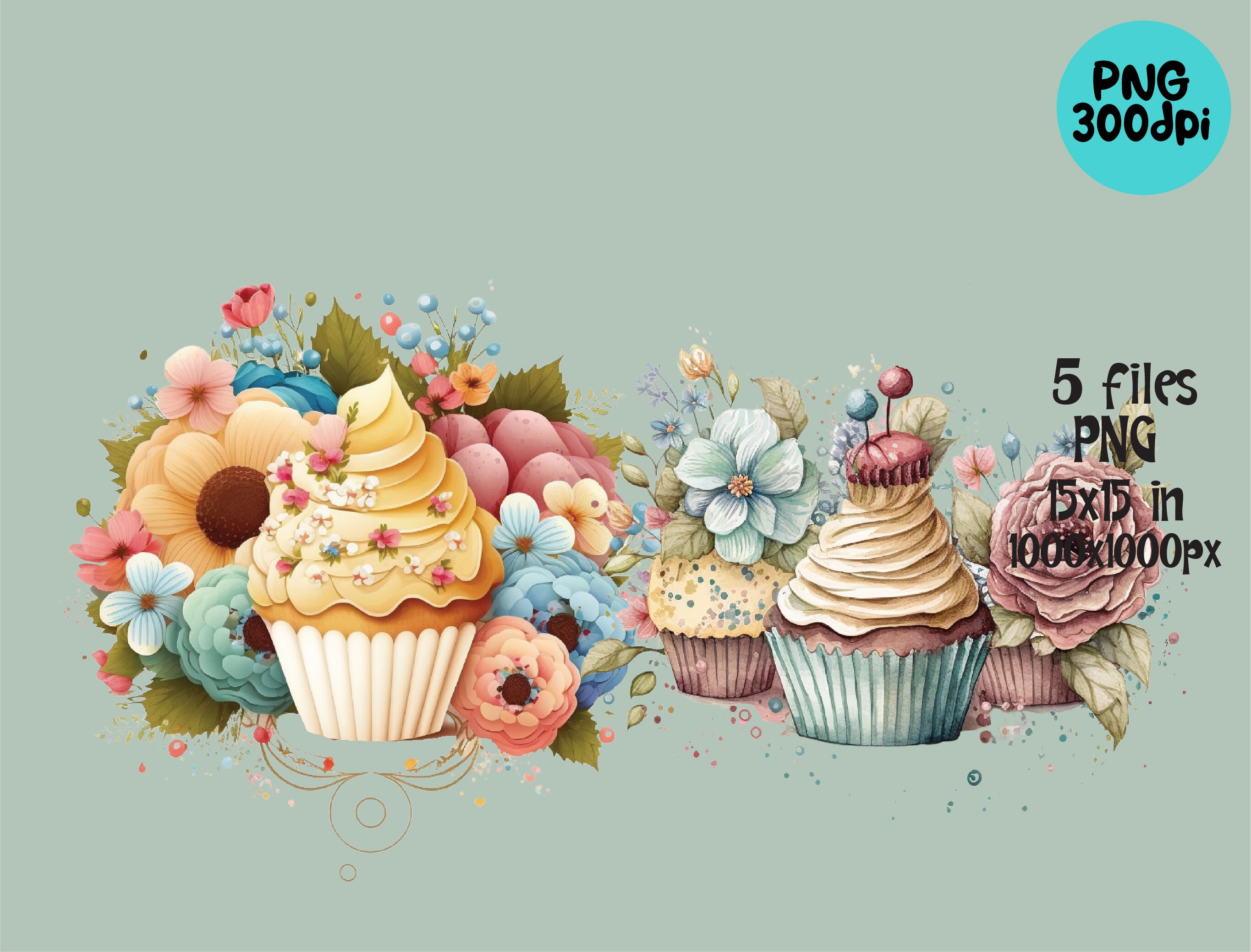 Watercolor Cupcake Clipart PNG Floral Bakery Dessert - Etsy