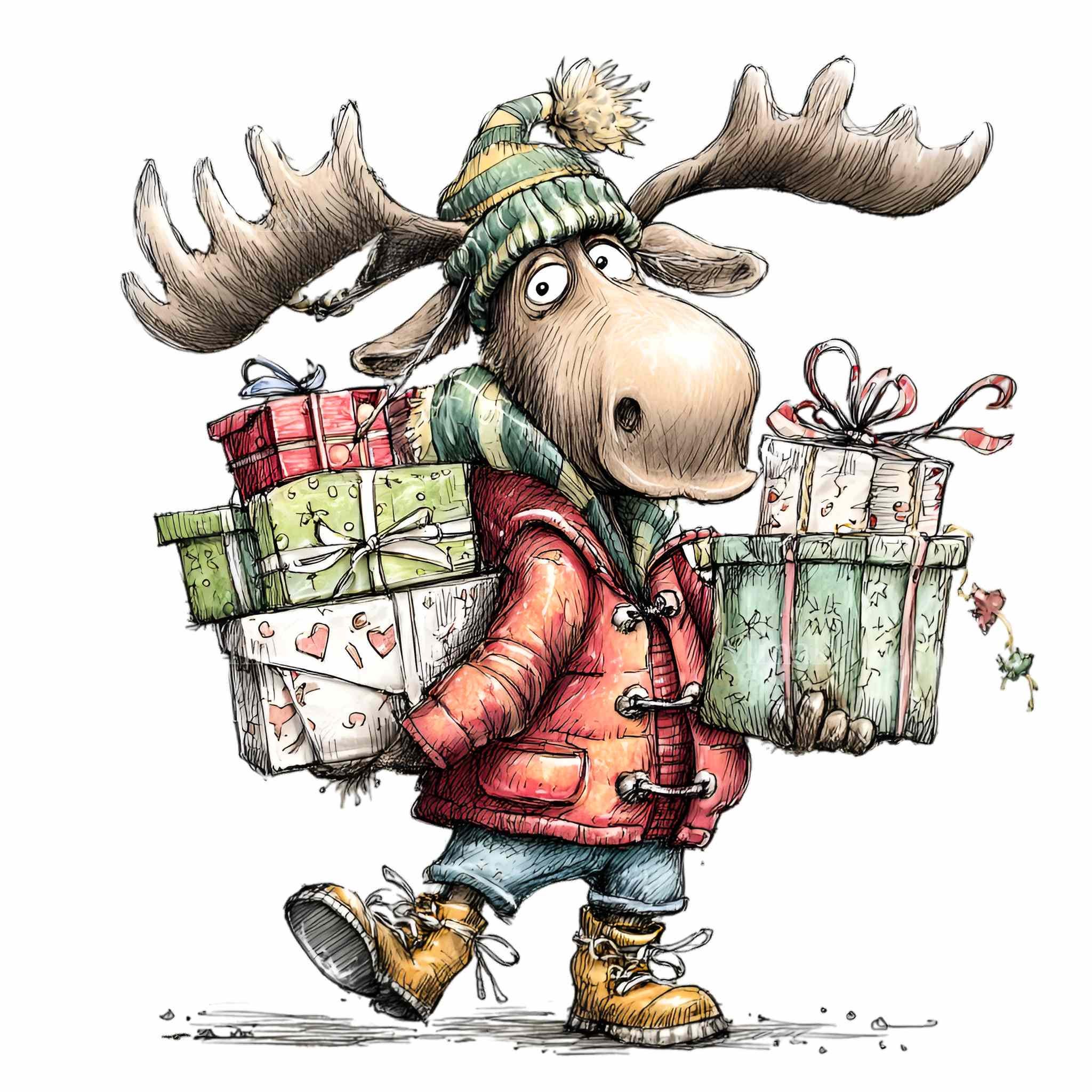 16 PNG Moose With Gifts Clipart – Cute Moose PNG – Winter Holiday Art ...