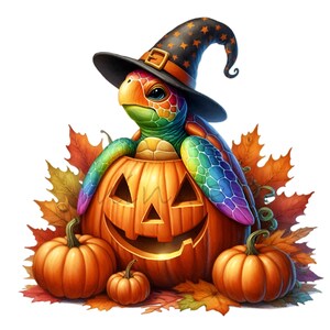 Colorful Halloween Turtle Clipart PNG 15 Witch Hat, Pumpkin, and Autumn ...