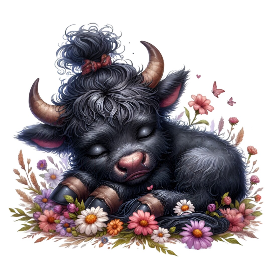 Sleeping Baby Yak Clipart 12 PNG Cute Black Yak With Flowers, Perfect ...
