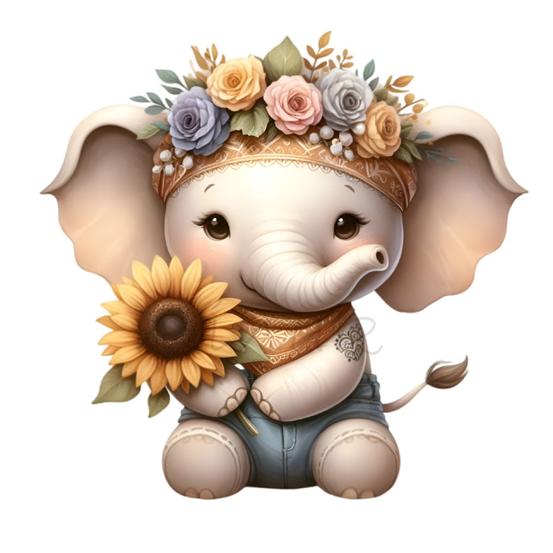 12 PNG Elephant Sunflower Farm Animal Clipart, Nursery Digital Download ...