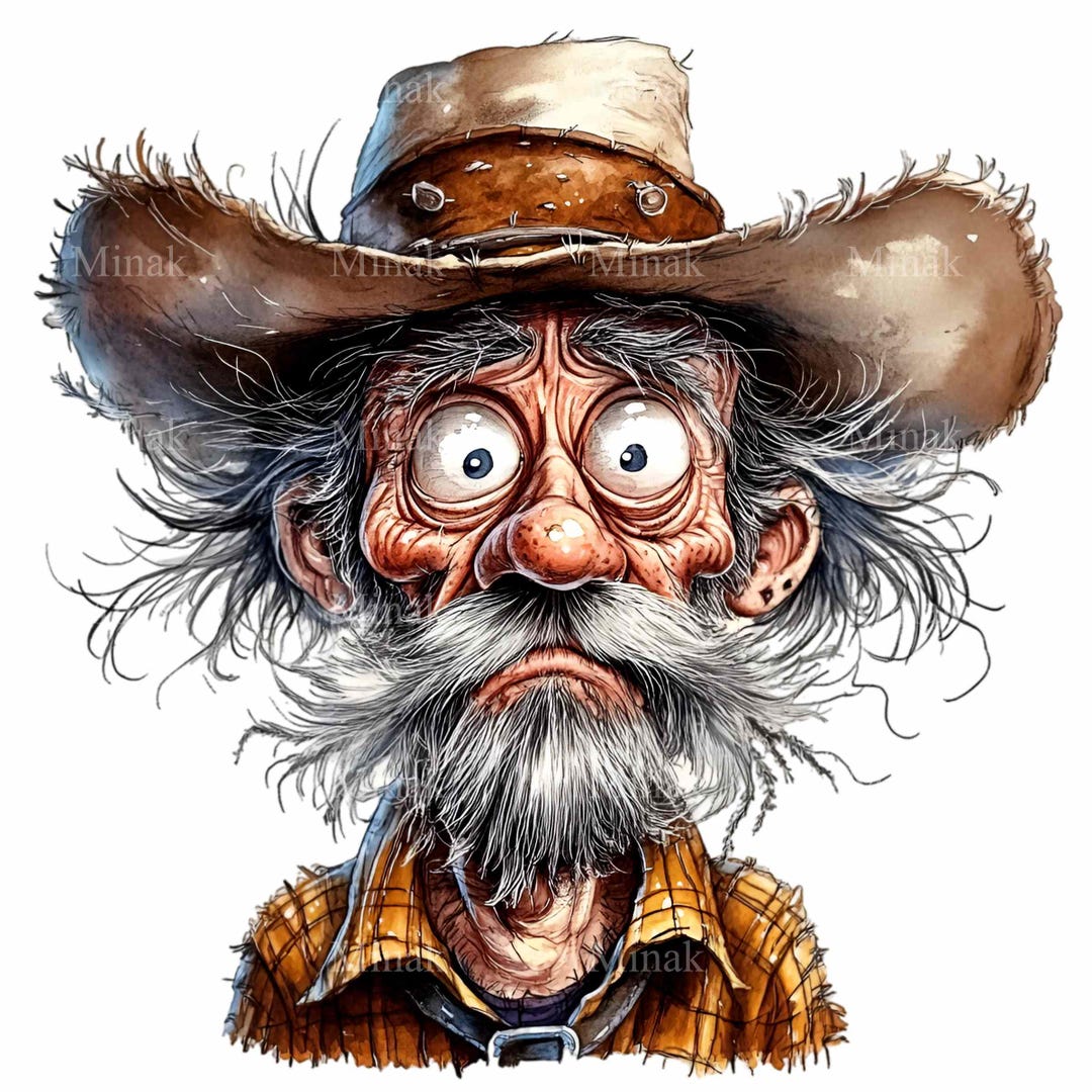 15 Funny Cowboy PNG Clipart, Scruffy Rancher With Big Hat and Wild ...