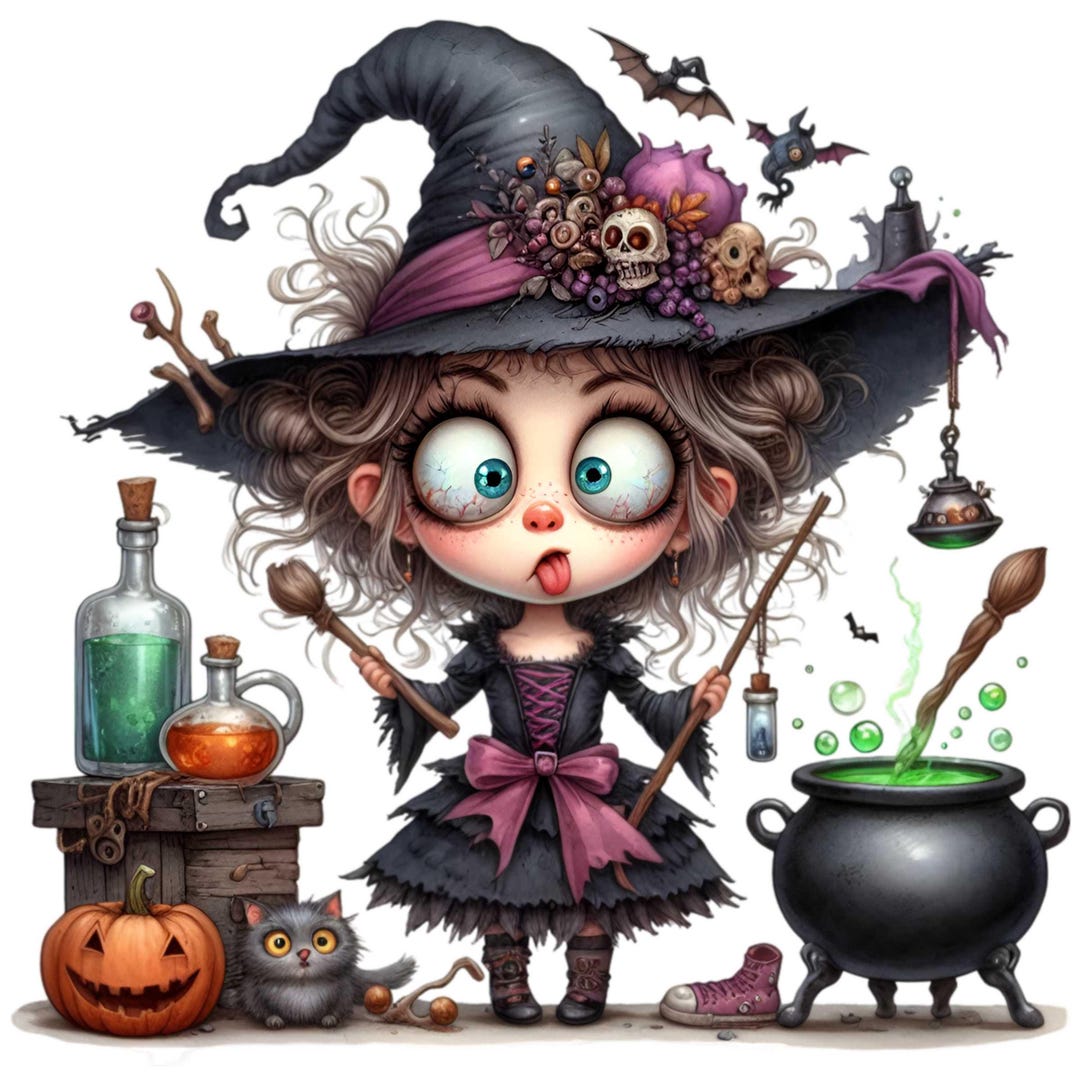 Cute Witch With Cauldron and Potions Clipart | 12 Halloween Witch ...