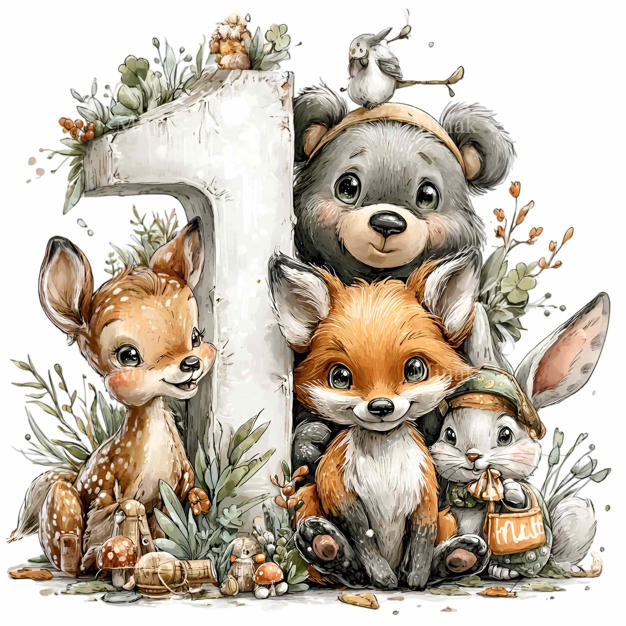 15 PNG Woodland Animals Number 1 Clipart – First Birthday PNG for ...