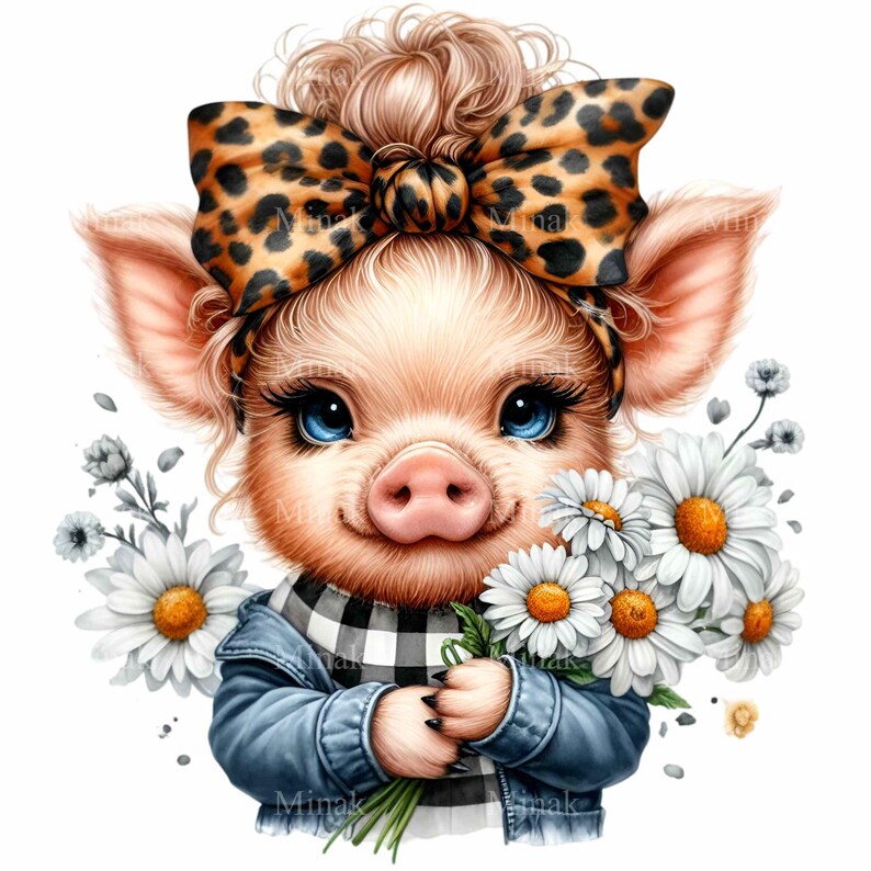 12 Cute Pig PNG Clipart, Adorable Piglet With Leopard Bow and Daisies ...