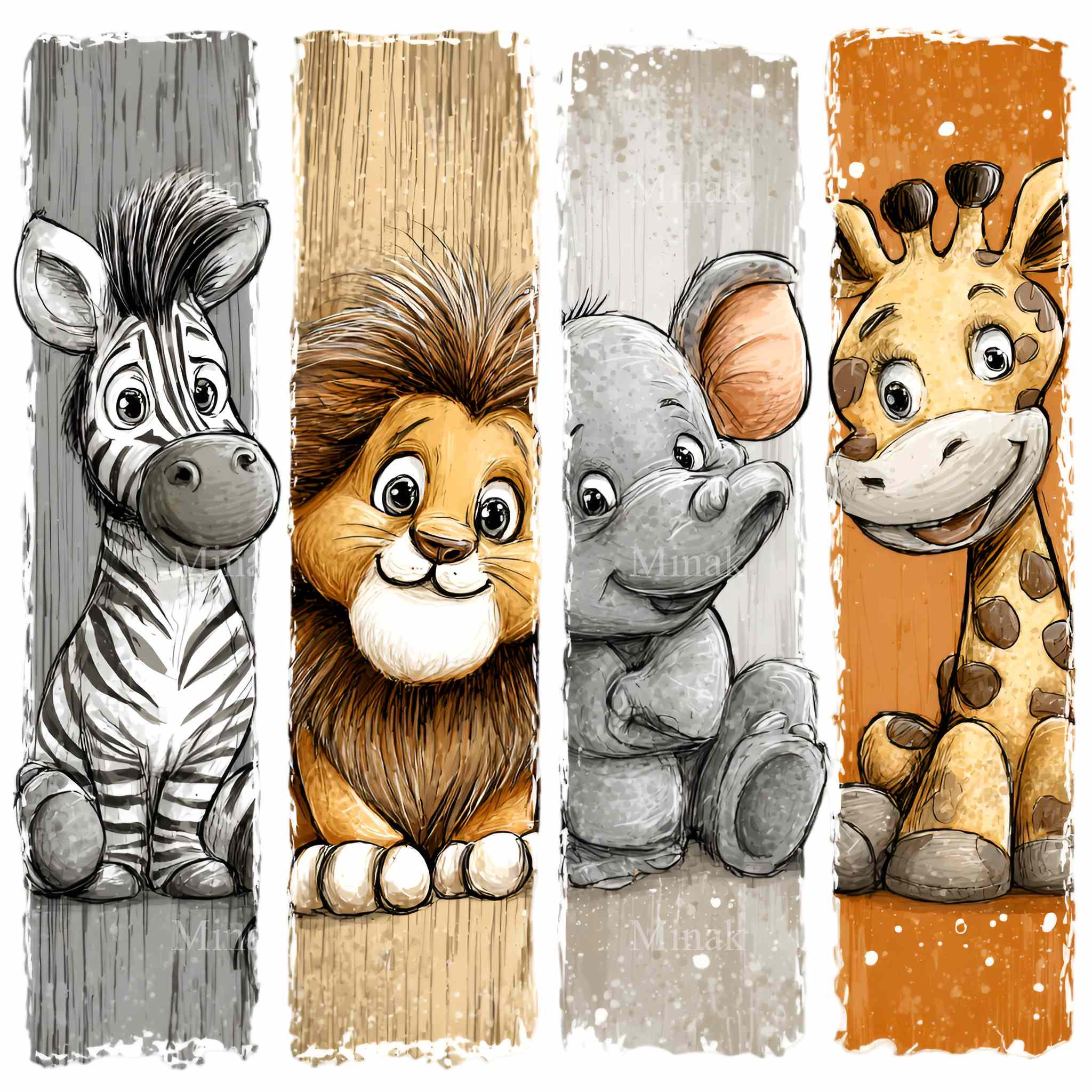 15 PNG Safari Nursery Clipart Set – Lion Giraffe Elephant Zebra Panels ...