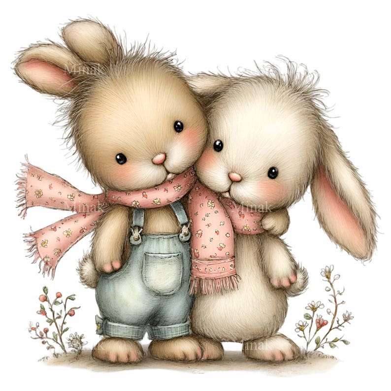 16 PNG Bunny Couple Clipart – Baby Rabbits Hug Illustration, Pastel ...