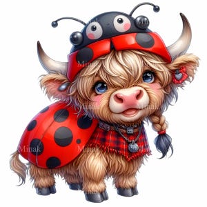 Cow PNG Clipart in Ladybug Outfit With Fluffy Hair and Ladybugs, 12 PNG ...