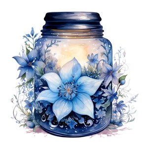 Floral Mason Jar Clipart - Watercolor Blue Flowers in Glass Jar With ...