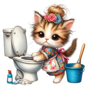 14 PNG Cleaning Cat Clipart – Funny Housekeeper Kitten PNG – Cute Pet ...