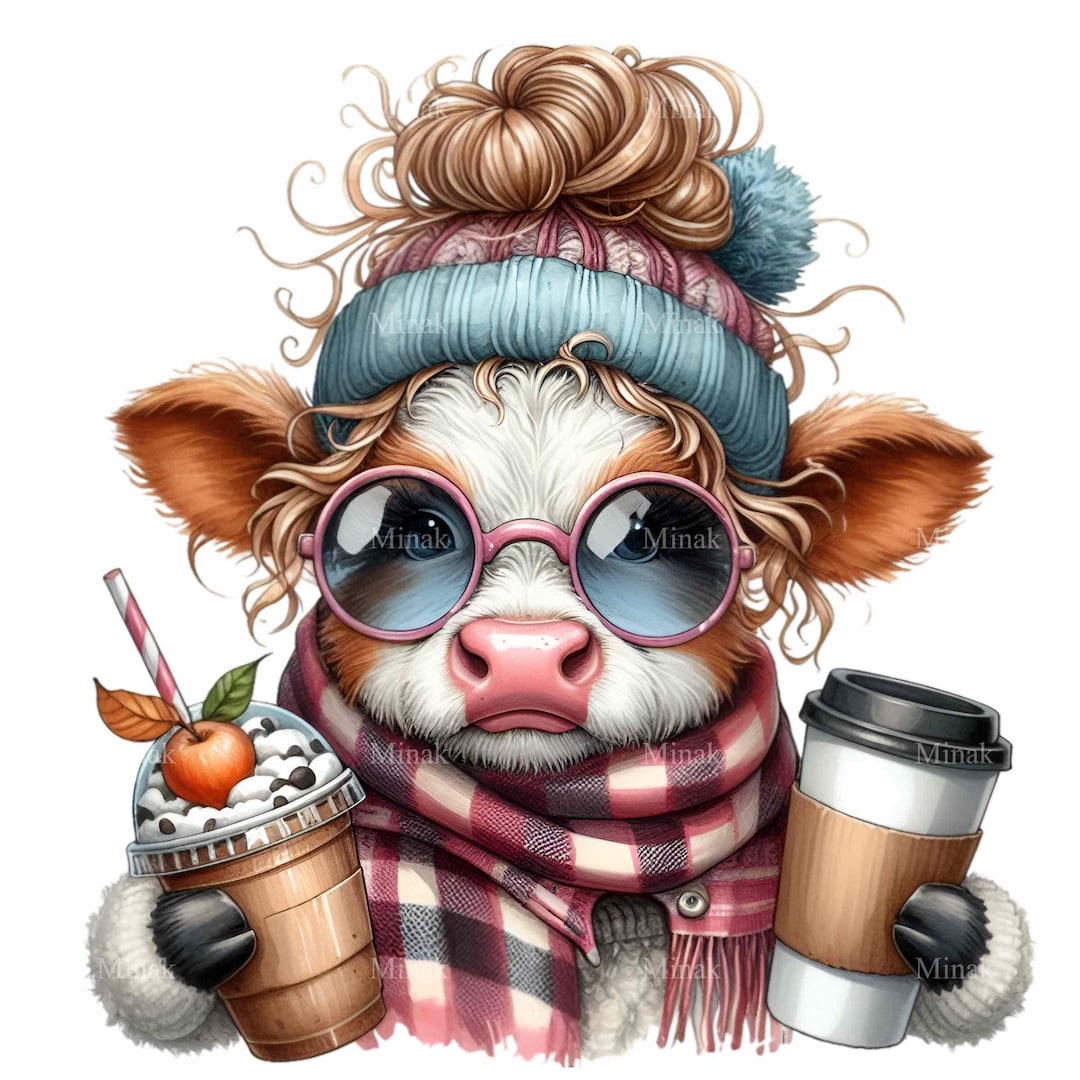 Trendy Cow Coffee Clipart, 14 PNG Cow With Beanie and Sunglasses ...