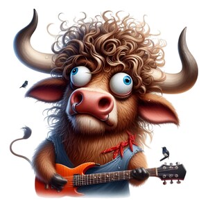 10 Rockstar Highland Cow Clipart PNG | Cute Cow With Guitar and Leather ...