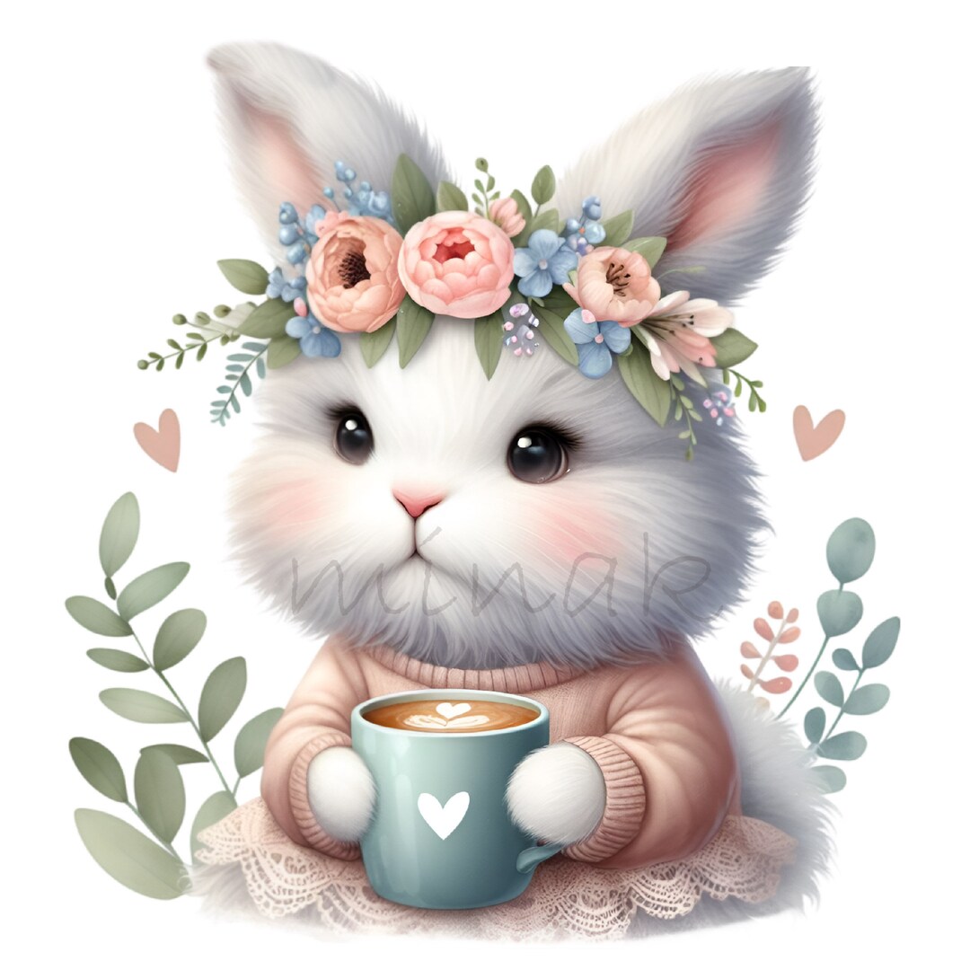10 Bunny With Coffee PNG Clipart – Cute White Rabbit With Flower Crown ...