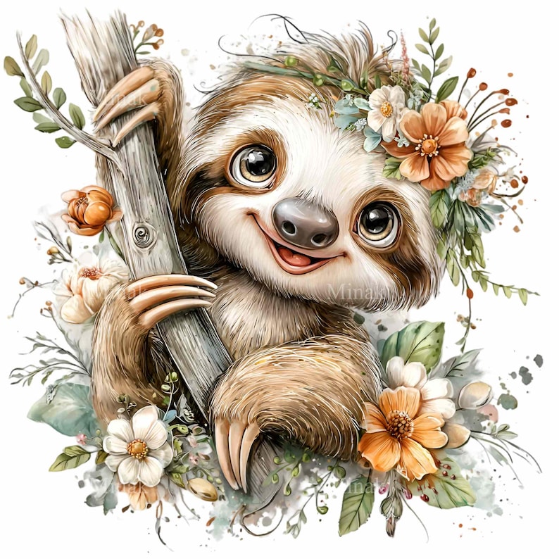14 PNG Sloth Clipart Floral Portrait Illustration, Watercolor Woodland ...