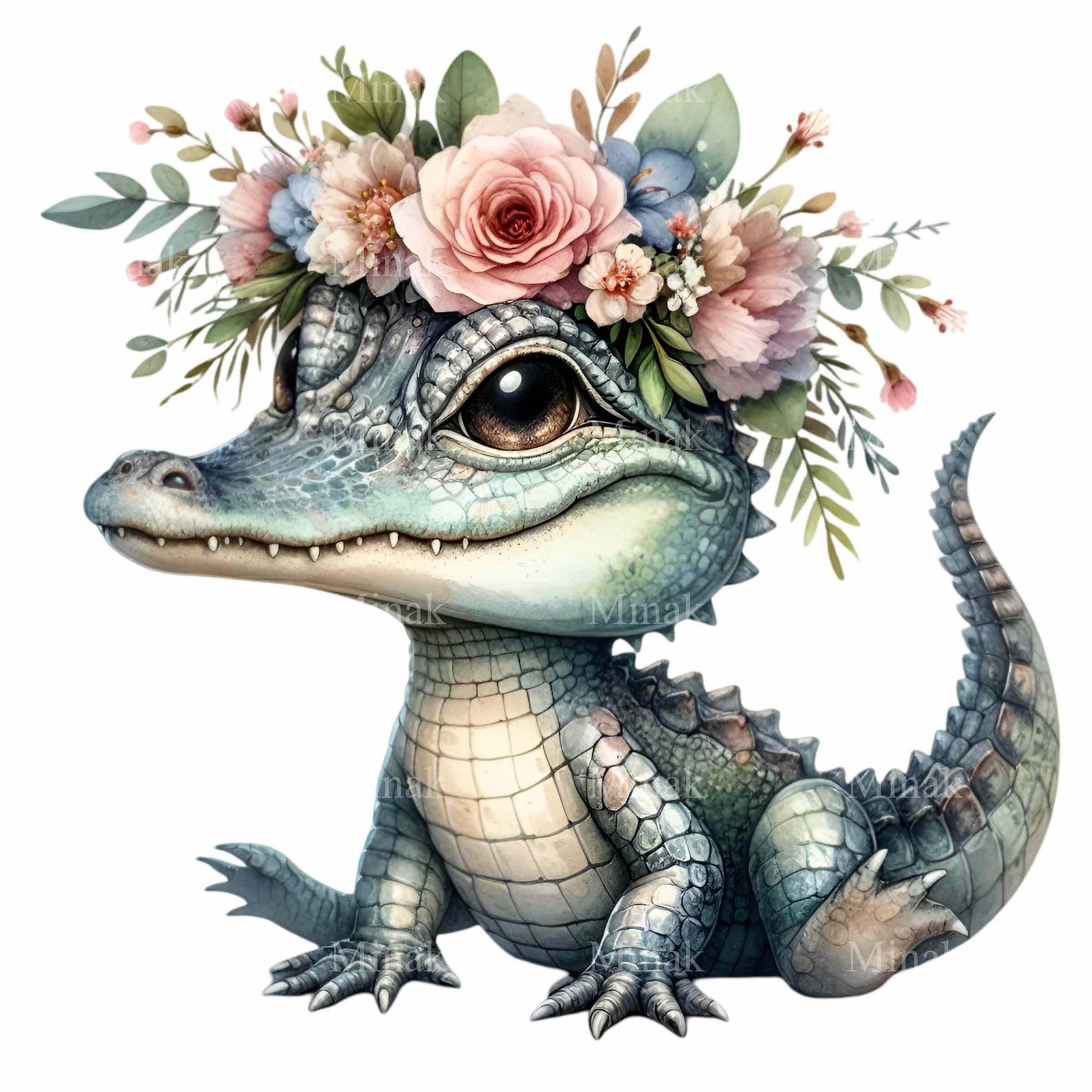 12 Cute Alligator PNG Clipart With Floral Crown and Butterflies | Baby ...