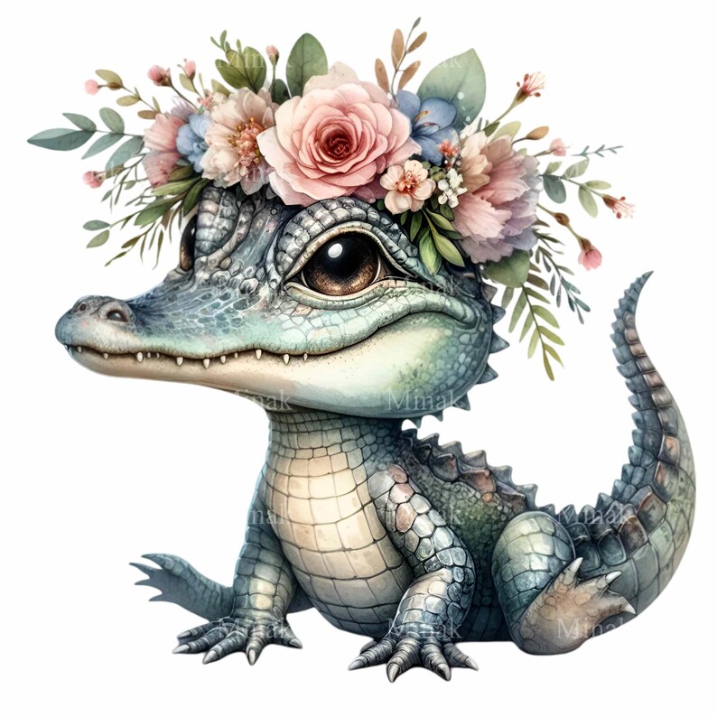 12 Cute Alligator PNG Clipart With Floral Crown and Butterflies | Baby ...