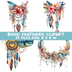 Feathers Clipart Bundles, 22 PNG Boho Watercolor Beaded Plumes Garland ...