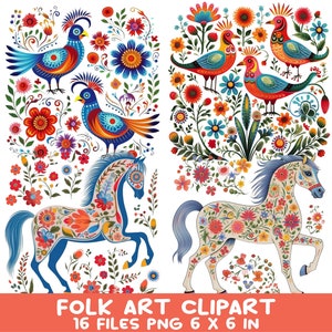 Folk Art Clipart Bundle 16 PNG Floral Animals Rooster Horse Bear Rustic ...