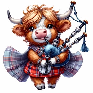 Scottish Highland Cow Playing Bagpipes Clipart, 12 Cute Tartan Cow ...