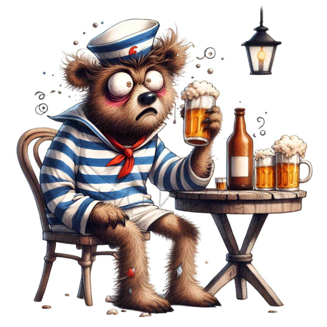 Funny Drunk Bear Sailor Clipart, 15 Comical Beer Drinking Bear PNG ...