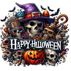 Happy Halloween Skull Clipart, 6 Spooky Witch Hat PNG, Vintage Horror ...