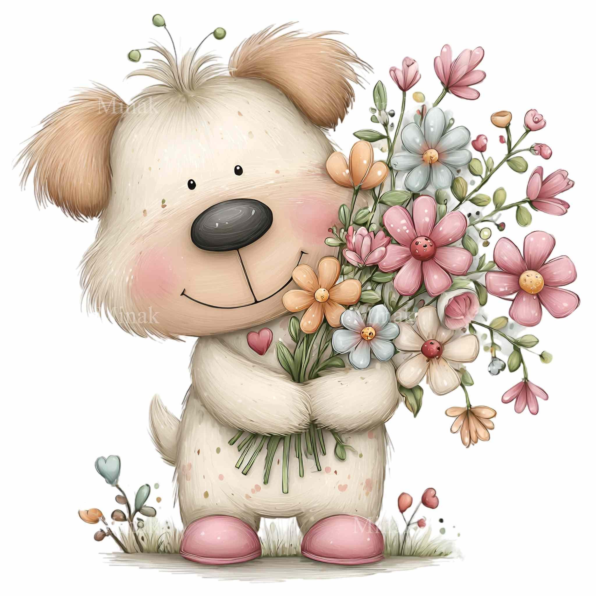 15 PNG Spring Dog With Flowers Clipart – Cute Puppy Holding Bouquet ...